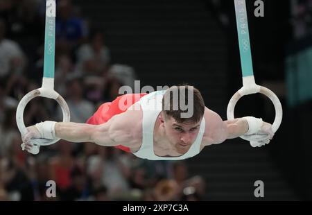 Harry Hepworth, of Britain, performs on the vault during the men's ...