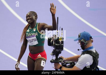 Tsige Duguma of Ethiopia reacts after competing in the 800m women semi ...
