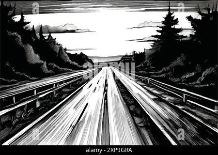 Black and white Highway Sketch Illustration Background. Road hand drawn ...