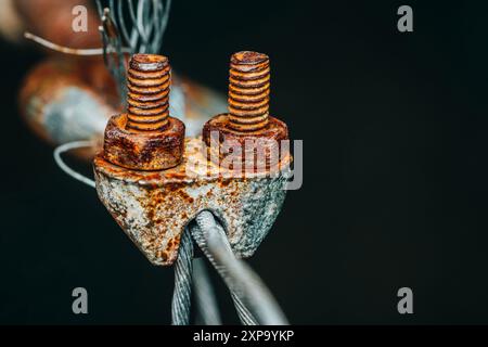 Rusty metal clamp holding steel cable tightly together, A symbol of ...