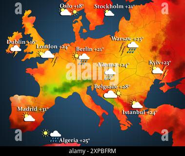 Weather forecast shown on map of USA. illustration with city names ...