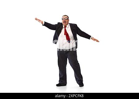 Positive vibe and confidence. Fat man, businessman in sunglasses and ...