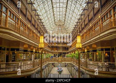 The interior of Arcade Cleveland shopping mall with famous glass ...