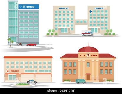 Car center building isolated vehicle showroom. Vector auto center ...