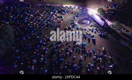 Drone photography of tent camp at music festival during night Stock ...