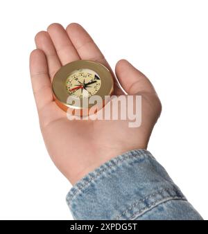 Man holding compass on white background, closeup Stock Photo - Alamy