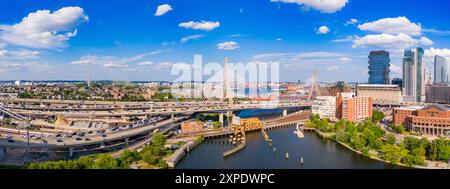 Amazing aerials of Downtown Boston. View of river bridges skyscraper ...