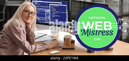 Banner for National Webmistress Day with mature female programmer at workplace in office Stock ...