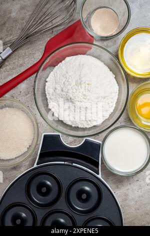top view of arranged kitchenware and ingredients for bread baking on ...