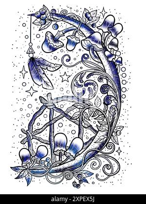 Styled vintage illustration with mystic mushrooms, magic and floral ...