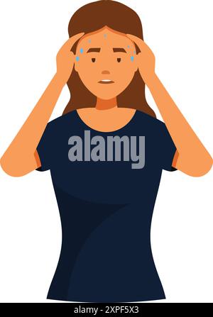 Young woman is sweating and holding her head, clearly suffering from a ...