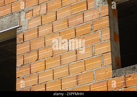 partial view of the facade of a brick and cement building under ...
