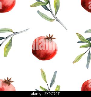 Juicy pomegranates on branches with green leaves and red flowers ...