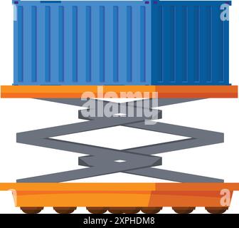 Scissor lift platform is raising two blue cargo containers in a ...