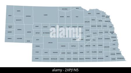 Nebraska, NE, gray political map with the capital Lincoln and largest ...