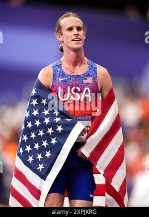 USA's Cole Hocker celebrates winning the Men's 1500m Final at the Stade ...