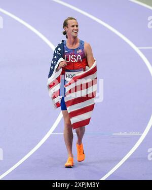 USA's Cole Hocker celebrates winning the Men's 1500m Final at the Stade ...