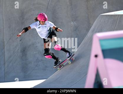 Arisa Trew, of Australia, competes in the SONIC Women's Skateboard Park ...