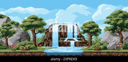 8 bit pixel game waterfall cascade landscape, video arcade vector ...