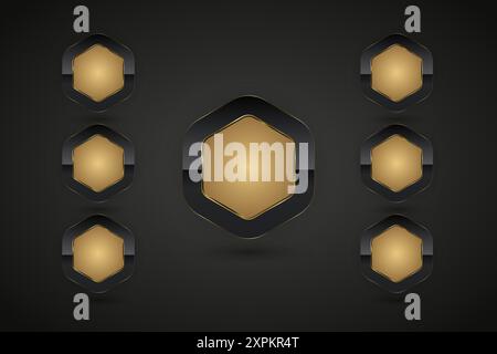Three Luxury buttons of hexagon shapes with golden frame vector ...