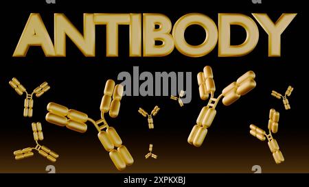 A 3d rendering of antibody molecules, medical syringe and vials ...