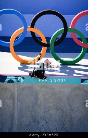 Arisa Trew, of Australia, competes in the SONIC Women's Skateboard Park ...