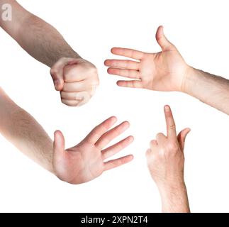 Hand gestures, greeting hi, fist up, hold, palm and clenched fingers ...