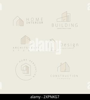 Building and house labels with lettering drawing in modern linear style ...
