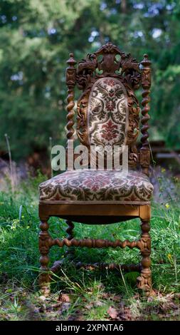 A knights chair in the garden, an old mirror, a dress Stock Photo - Alamy