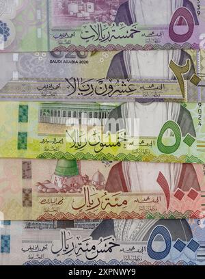 500 SAR five hundred Saudi Arabia riyals cash money banknote with pile ...