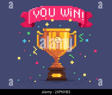 Pixel art 8-bit You Win text with winner golden cup on white background ...