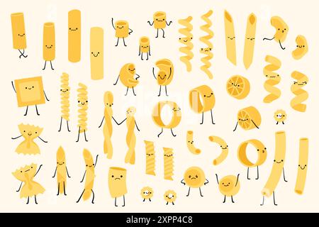 Pasta characters. Funny noodles with cute faces, hands and feet, comic ...