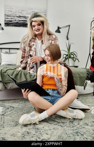 Two friends engage in lively conversation at home, filled with joy and ...