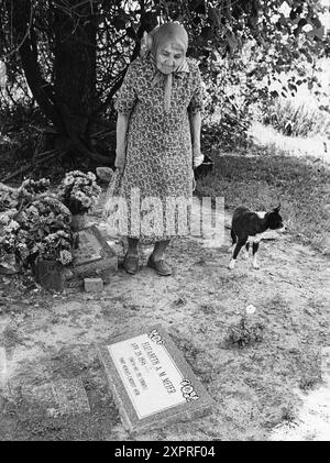 Elderly woman visiting her gravestone, with no death date yet, next to ...