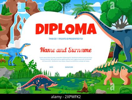 Kids diploma with funny dinosaurs and dino for education certificate ...