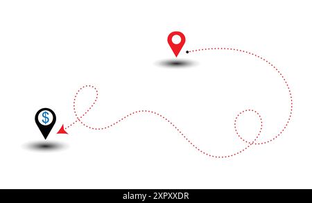 Geolocation with dollar currency symbols dashed line arrow route path ...