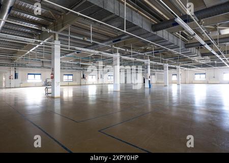 Closed down empty factory interior manufacturing hall with tall ceiling ...