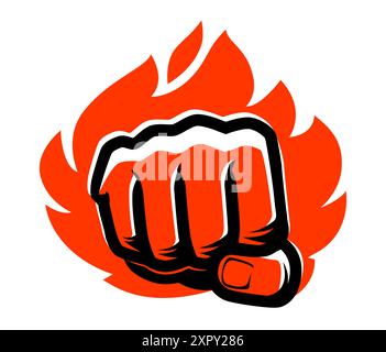 Punching fist in flames of fire emblem. Fighting sport logo or icon ...