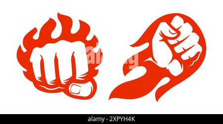 Flaming fist emblem. Fighting spirit sport logo or symbol. Hand ...