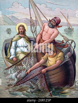 The miraculous catch of fish. New Testament. Antique bible illustration ...