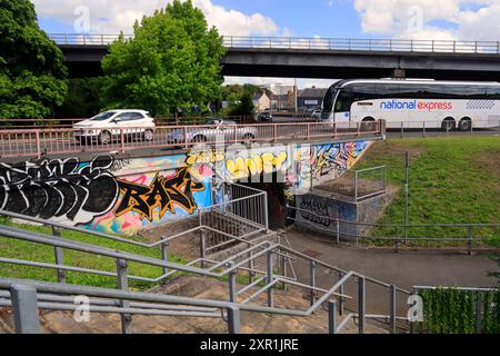 Traffic at Gabalfa interchange, flyover and roundabout with 20mph speed ...