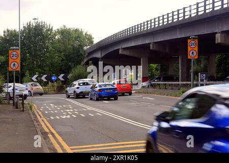 Traffic at Gabalfa interchange, flyover and roundabout with 20mph speed ...