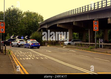 Traffic at Gabalfa interchange, flyover and roundabout with 20mph speed ...