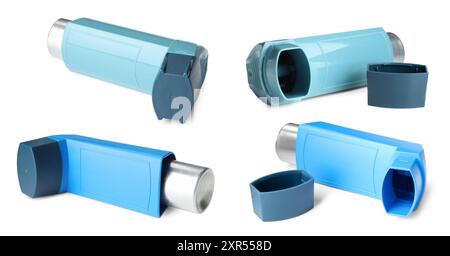 Inhalers isolated on white, collage. Asthma treatment Stock Photo - Alamy