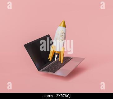 Bitcoin cryptocurrency rocket taking off to 65,000 price point. 3D ...