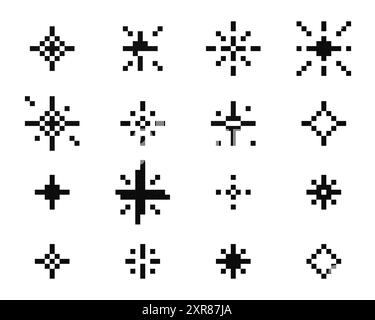 Pixel star retro 8 bit sparkle set. Shiny game pixel art effect set. Firework burst, space ...