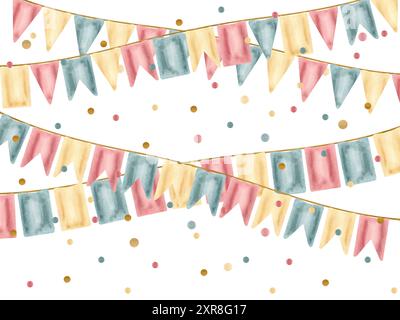Watercolor set with a garland of colorful flags isolated on a white ...