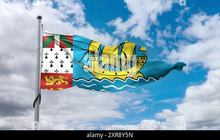 official flag of Saint Pierre and Miquelon waving at colorful ...