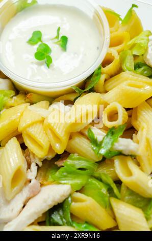 Mediterranean chicken salad with vegetables and penne. Healthy food ...