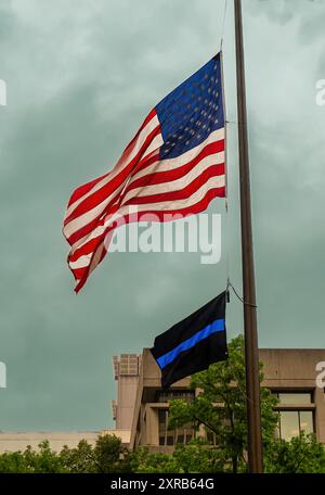 Thin Red Line Black Flag of US with smaller flag of Wyoming state, Usa ...